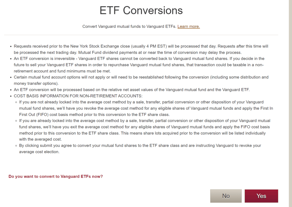 Convert Vanguard Mutual Funds to ETF Versions Online